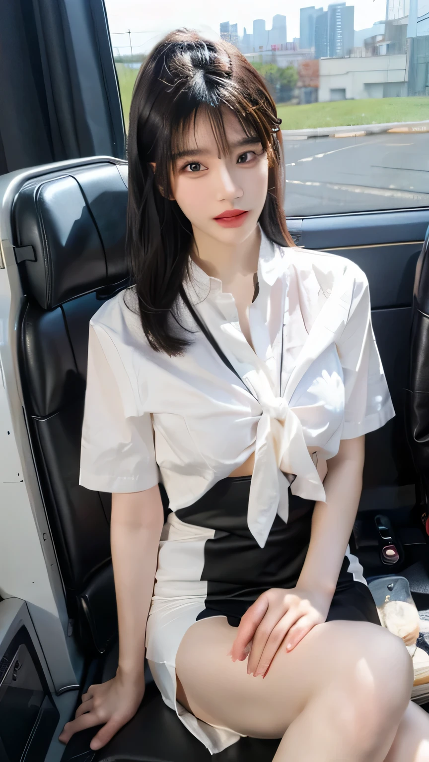 Araffe asian woman sitting in a car with a white shirt and black skirt - SeaArt AI