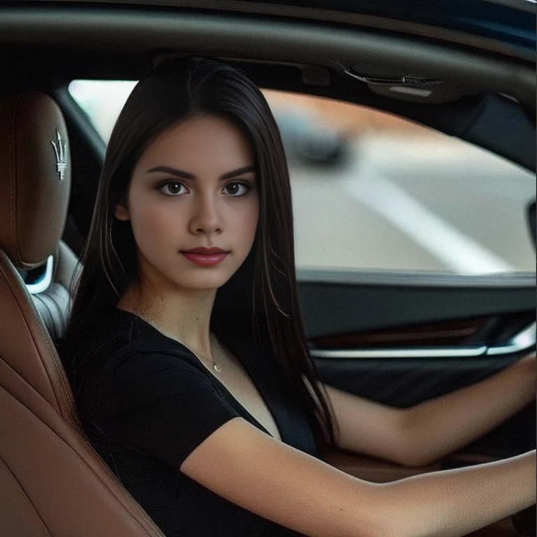 Aarav woman sitting in a car with steering wheel, sitting in her car ...