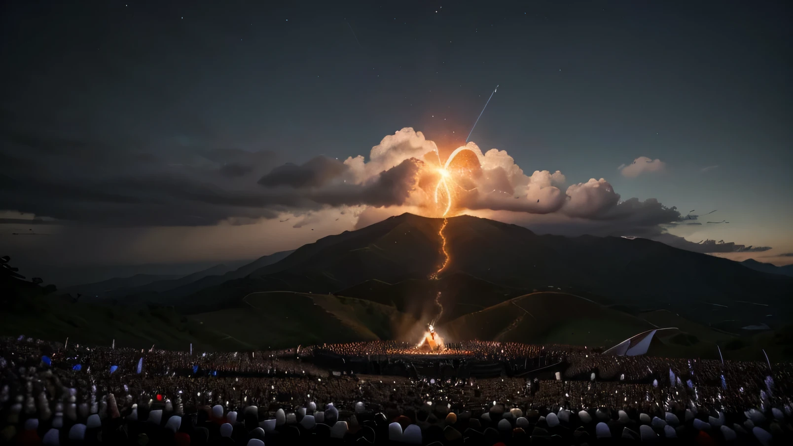 A large crowd of people watching a lightning show in the sky - SeaArt AI