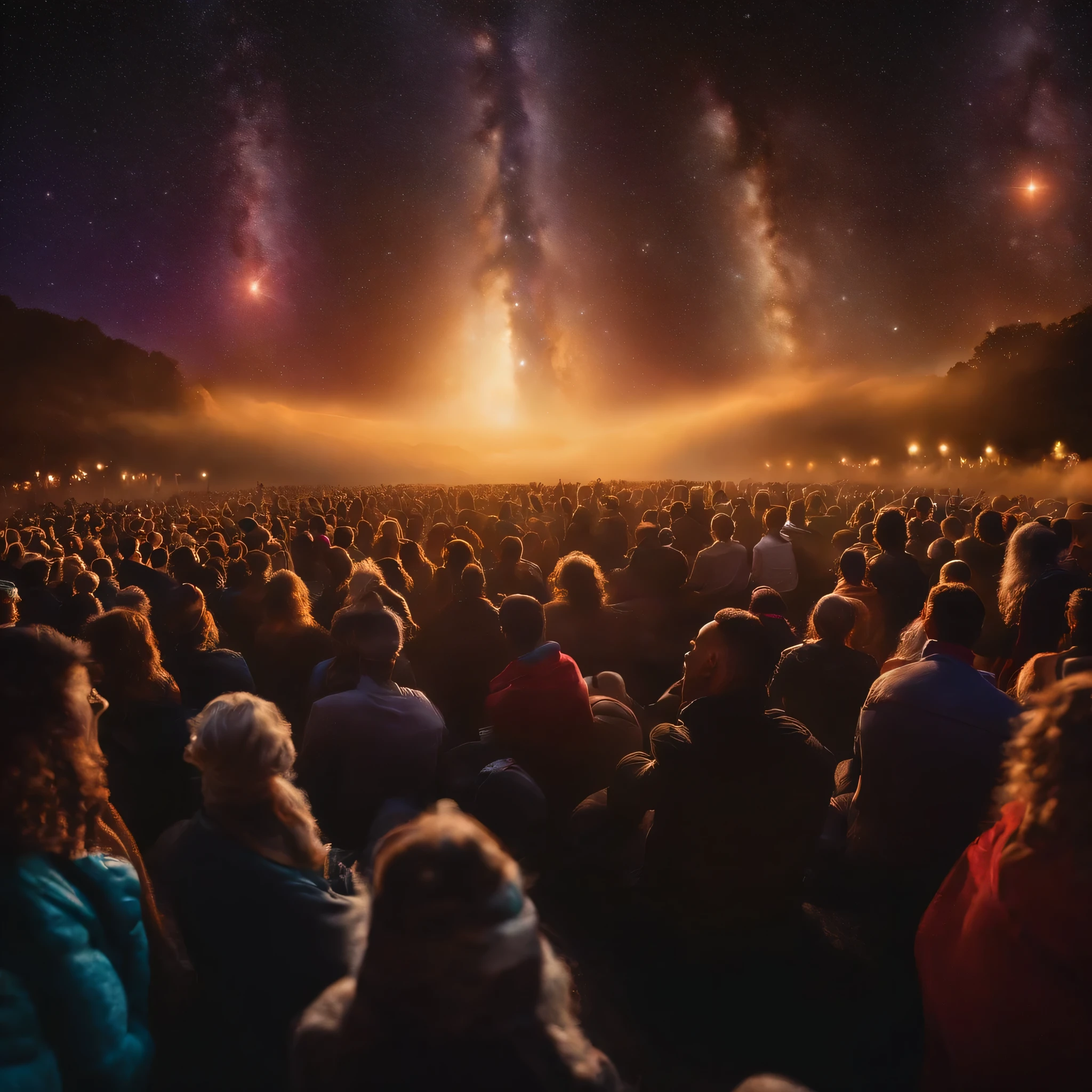 A crowd of people watching fireworks in the sky at night - SeaArt AI
