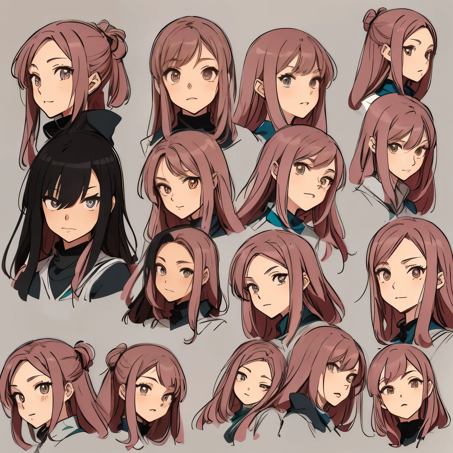 A bunch of anime character poses of different female with long hair ...