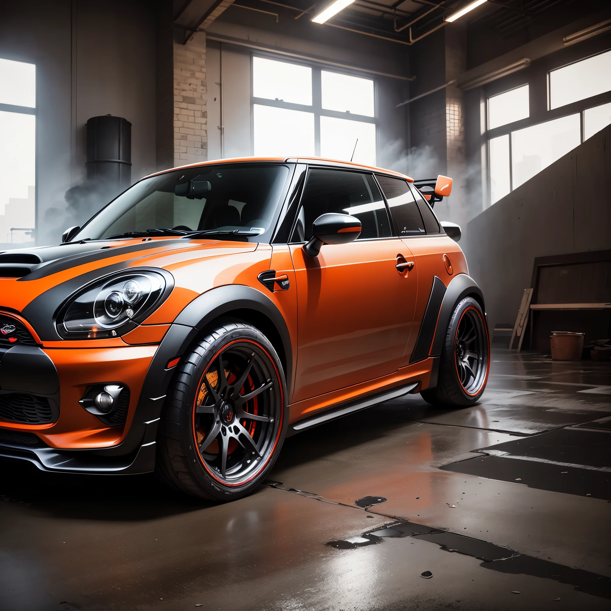 A close up of a mini cooper cooper in a garage - SeaArt AI