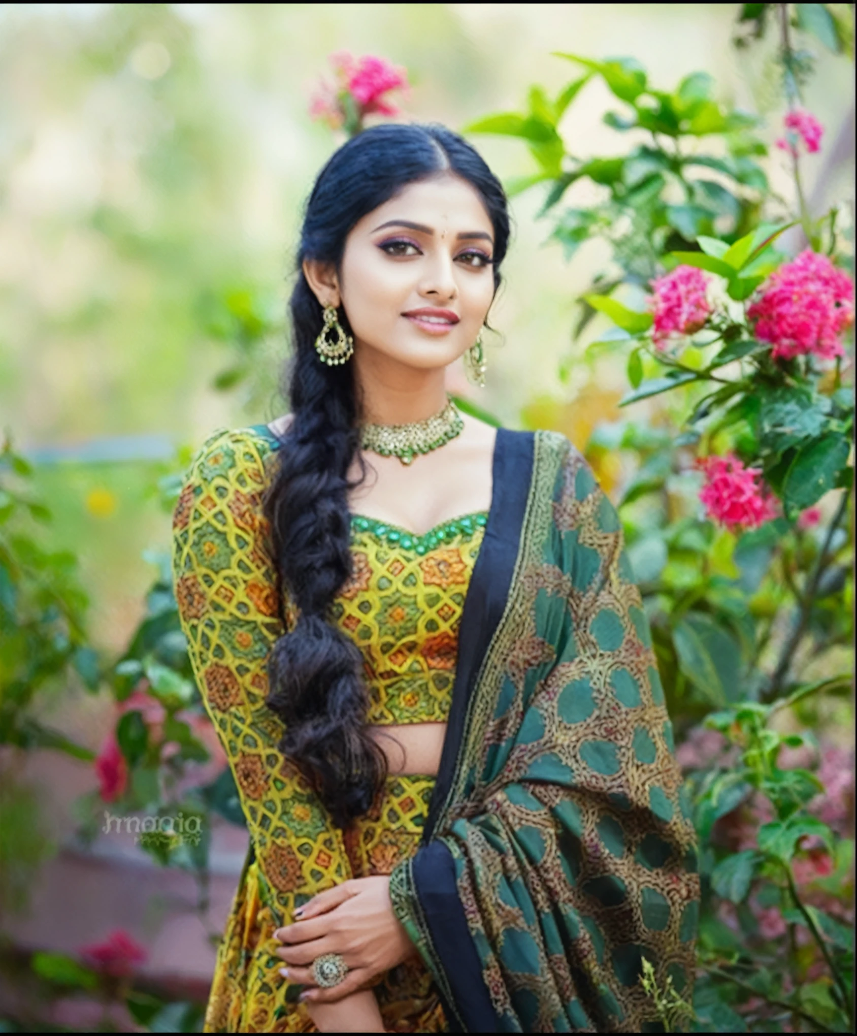 A woman in a green and yellow sari posing for a picture - SeaArt AI