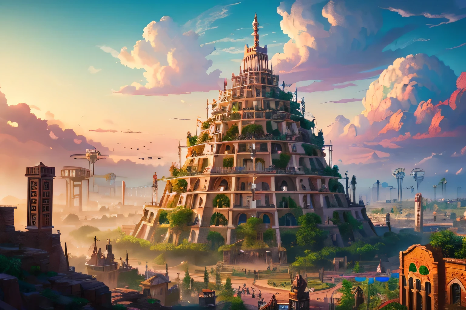 A picture taken from a video game of a city with a tower - SeaArt AI