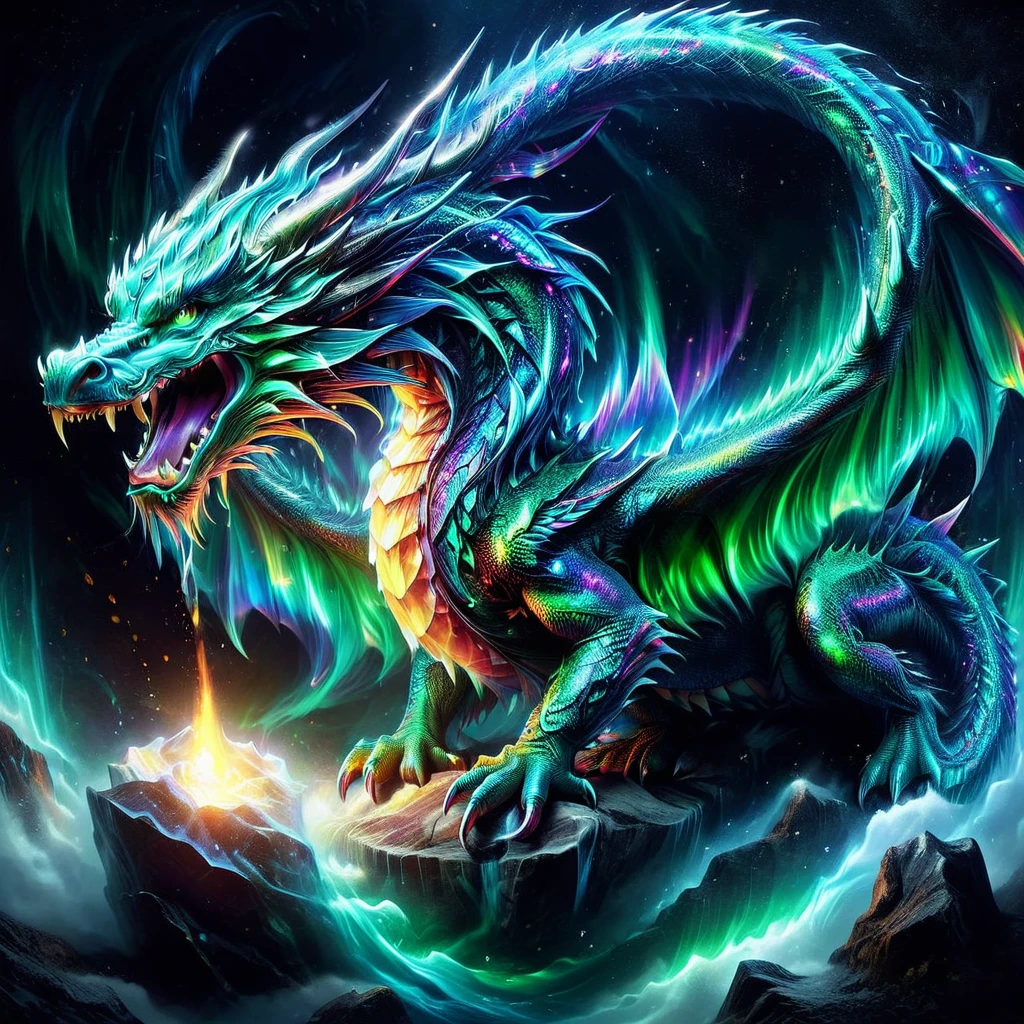 A massive dragon of majestic scales in colors ranging from deep ...