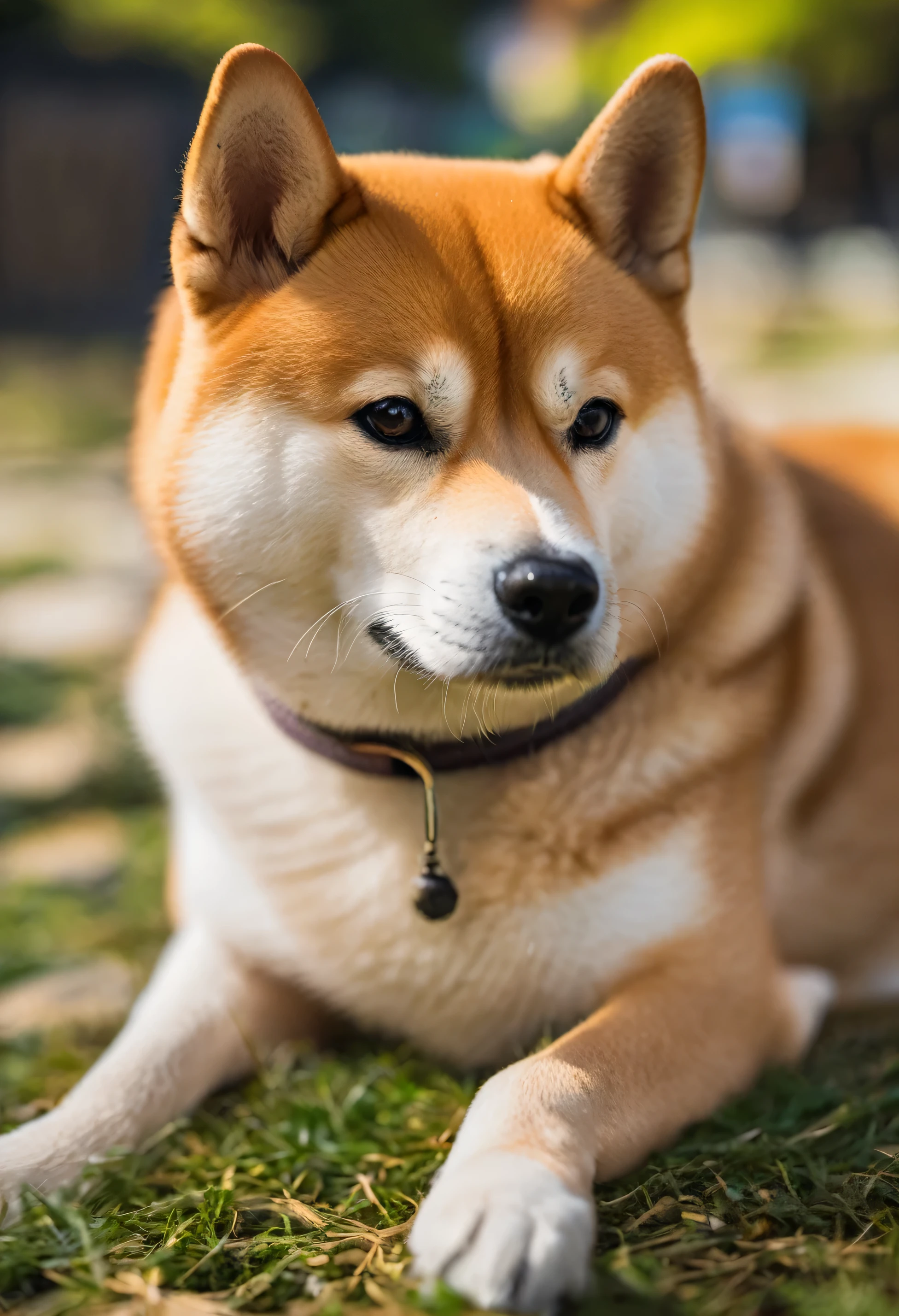 Araffe dog laying on the grass in a park with a collar around its neck ...
