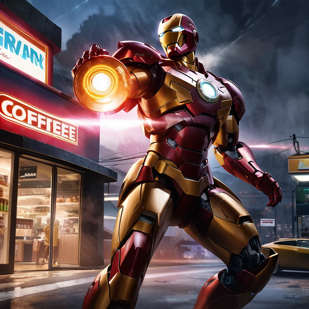 Iron Man landing outside a Convenience store at midnight, buying coffee ...