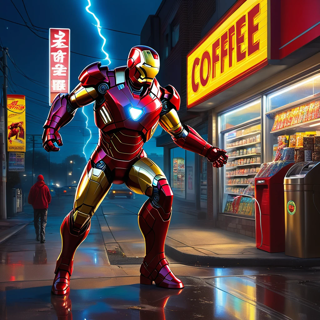 Iron Man landing outside a Convenience store at midnight, buying coffee ...