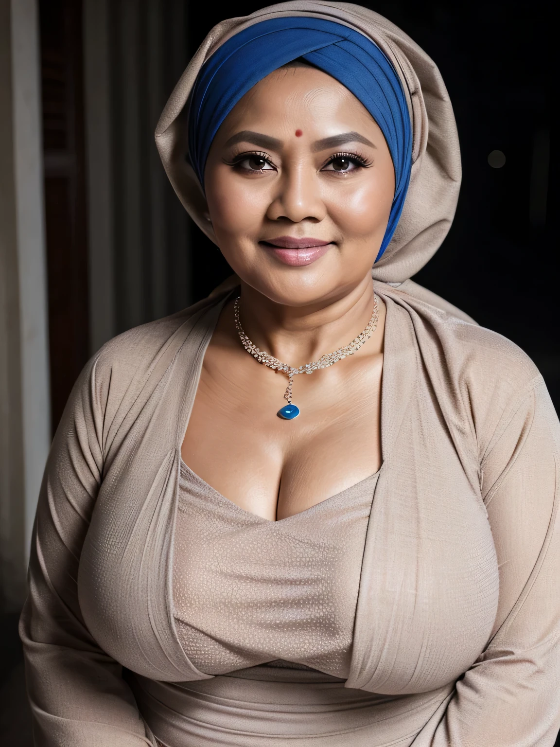 A woman in a tan top and blue head scarf posing for a picture - SeaArt AI