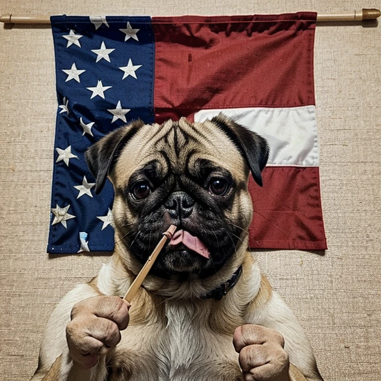 Make a flag with a pug dog smoking a joint - SeaArt AI