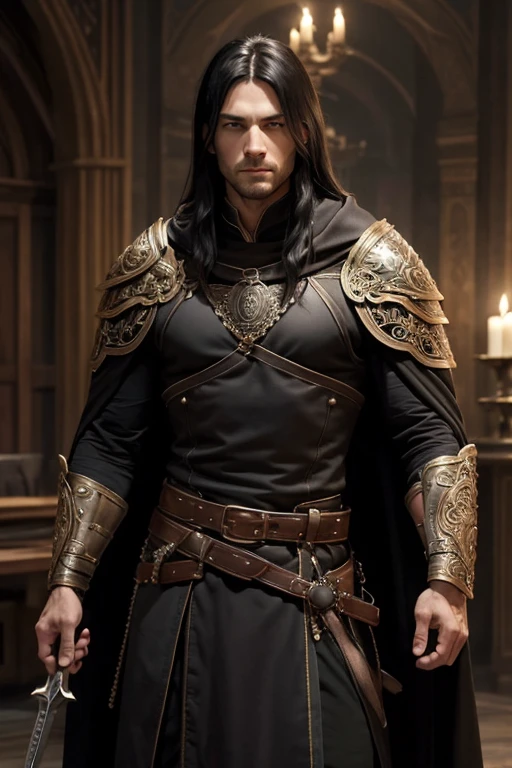 Male human, caucasian, slim, toned, long black hair, hazel-green eyes ...