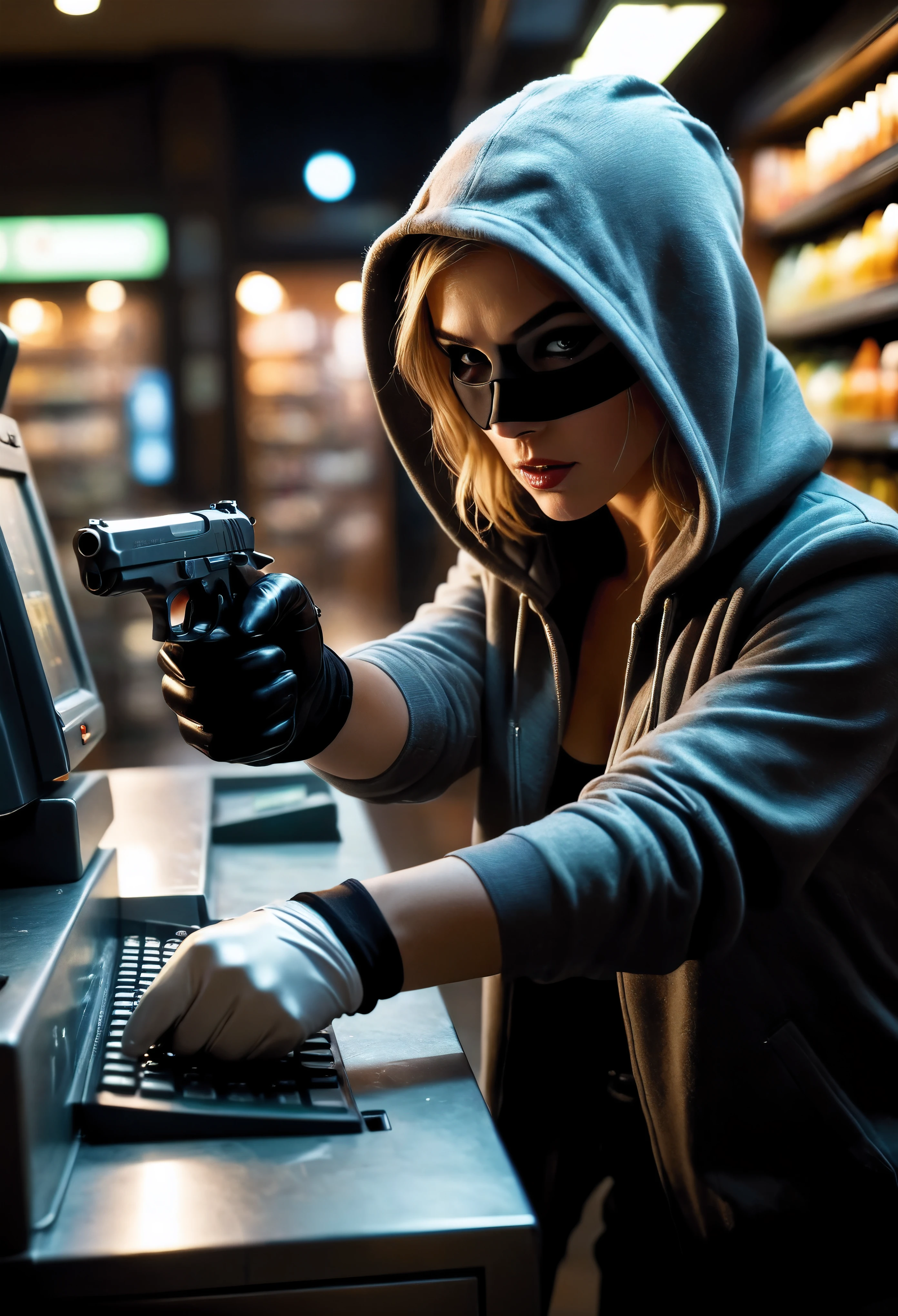 Arafed woman in a hoodie holding a gun and typing on a laptop - SeaArt AI
