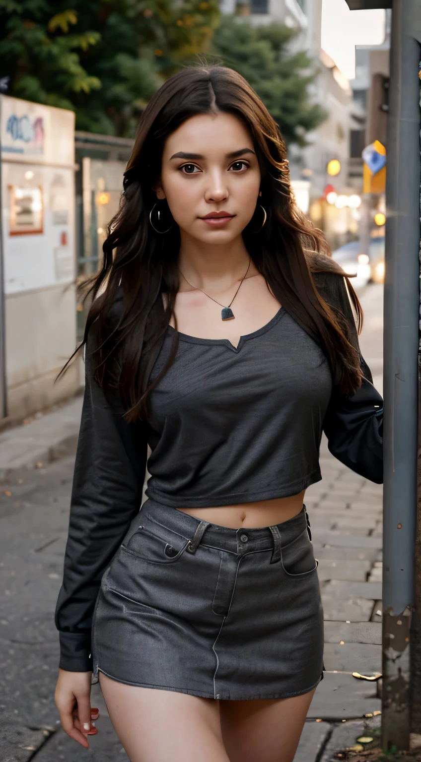 Arafed woman in a black top and grey skirt walking down a street - SeaArt AI
