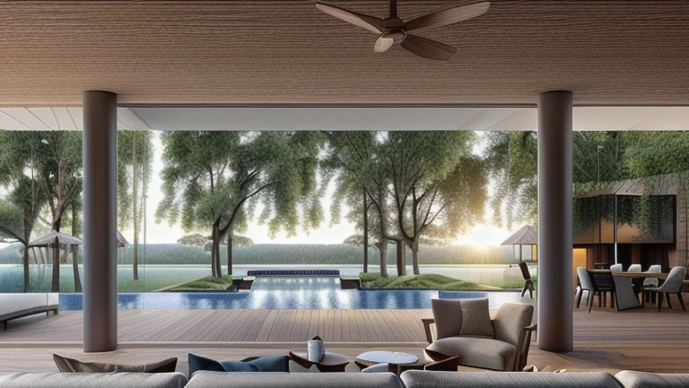 A rendering of a living room with a ceiling fan and a pool, detailed rendering - SeaArt AI