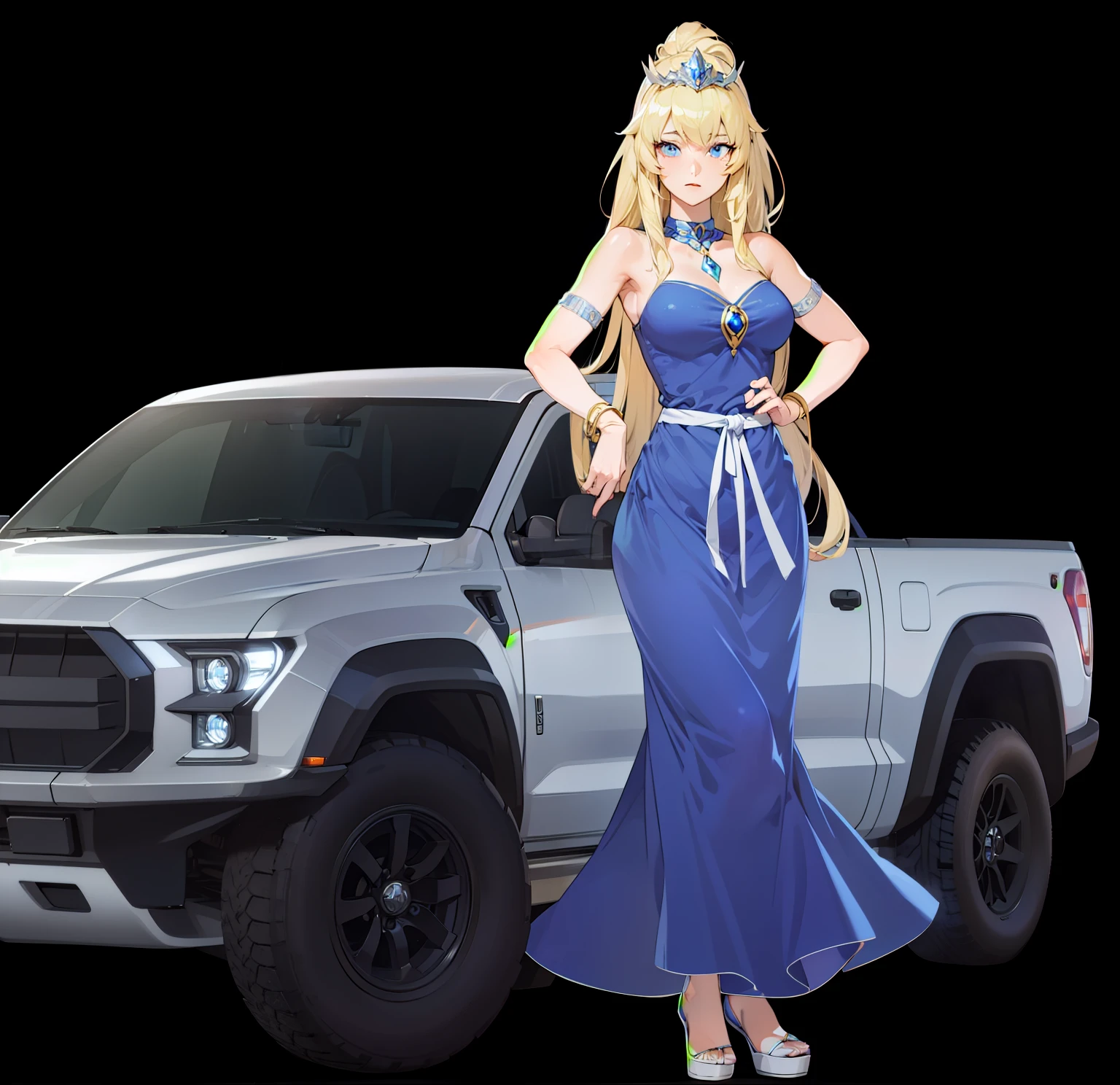 A close up of a woman in a blue dress standing next to a white truck - SeaArt AI