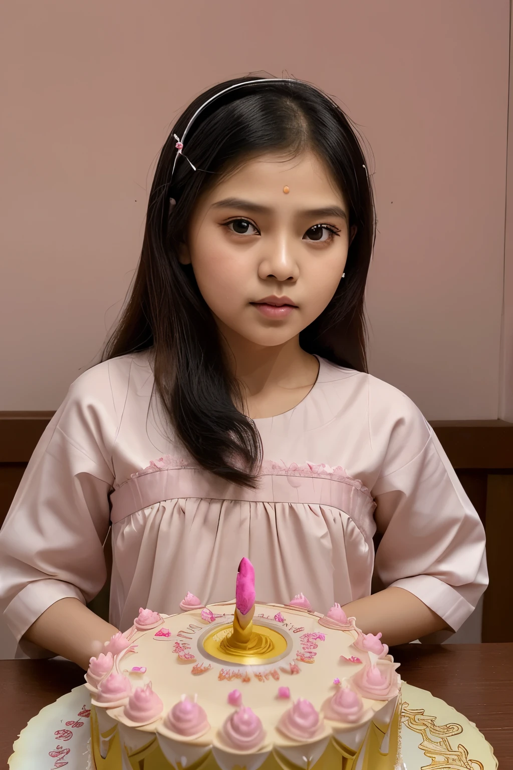 Araffe girl sitting in front of a birthday cake with a candle - SeaArt AI