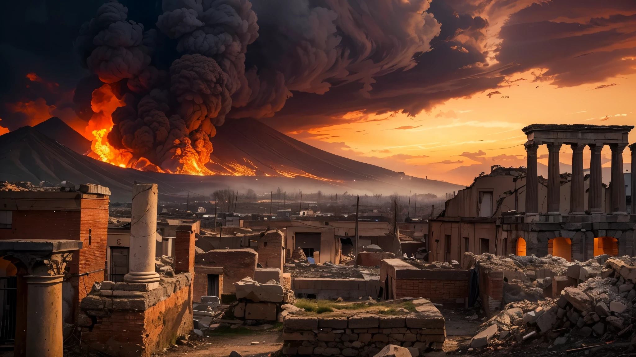 Arafed view of a volcano in the distance with ruins in the foreground ...