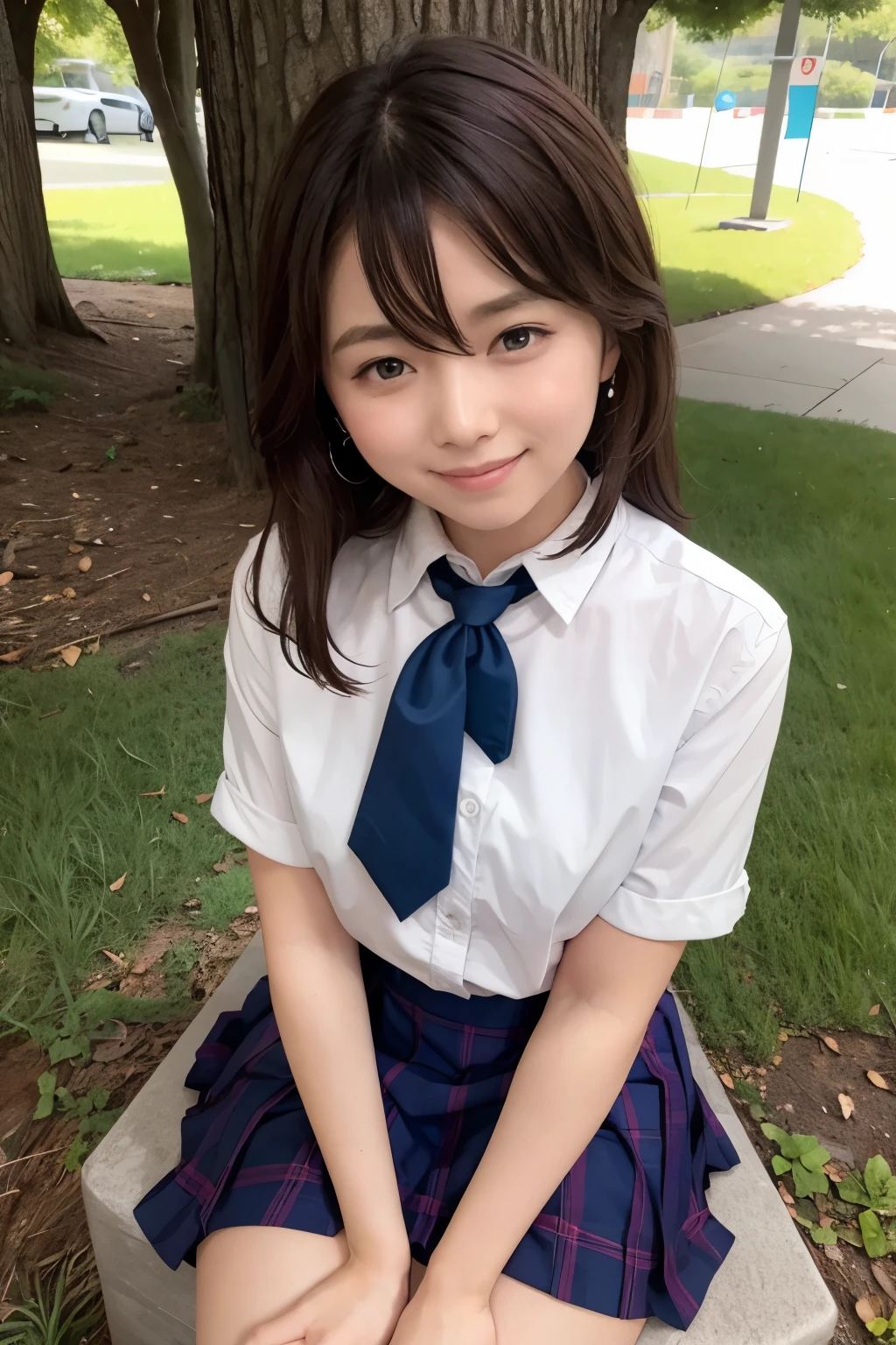 ベンチに座っている制服を着たアラビアのアジア人少女 Seaart Ai 