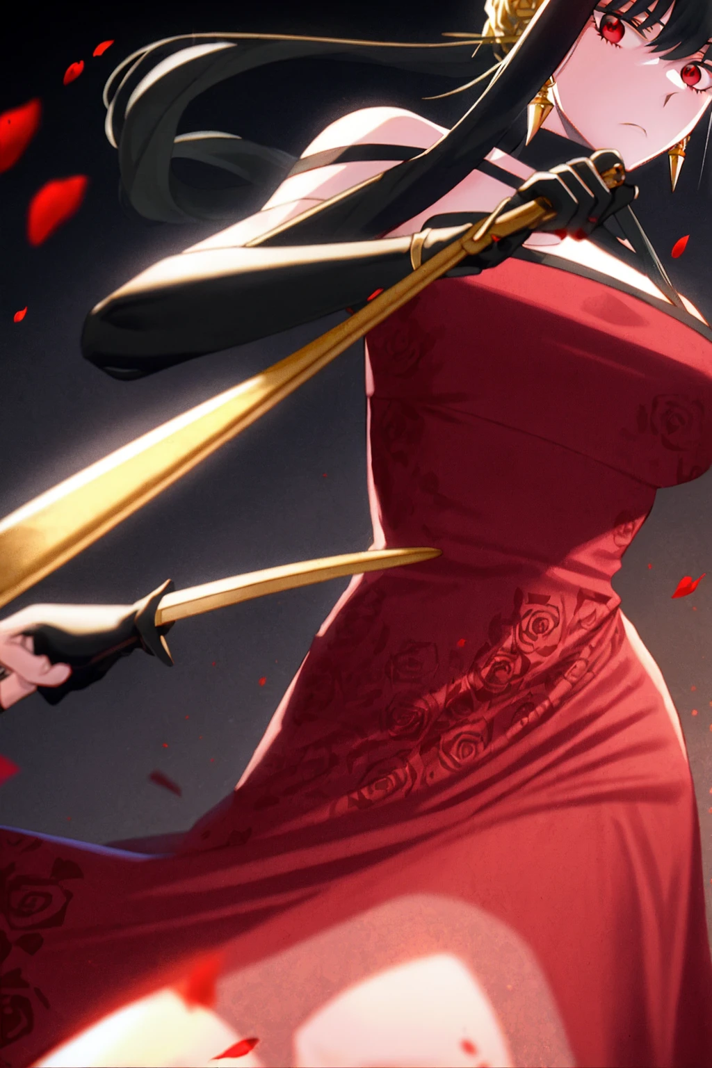 Yor briar, 1girl, backlighting, bare shoulders, black background - SeaArt AI