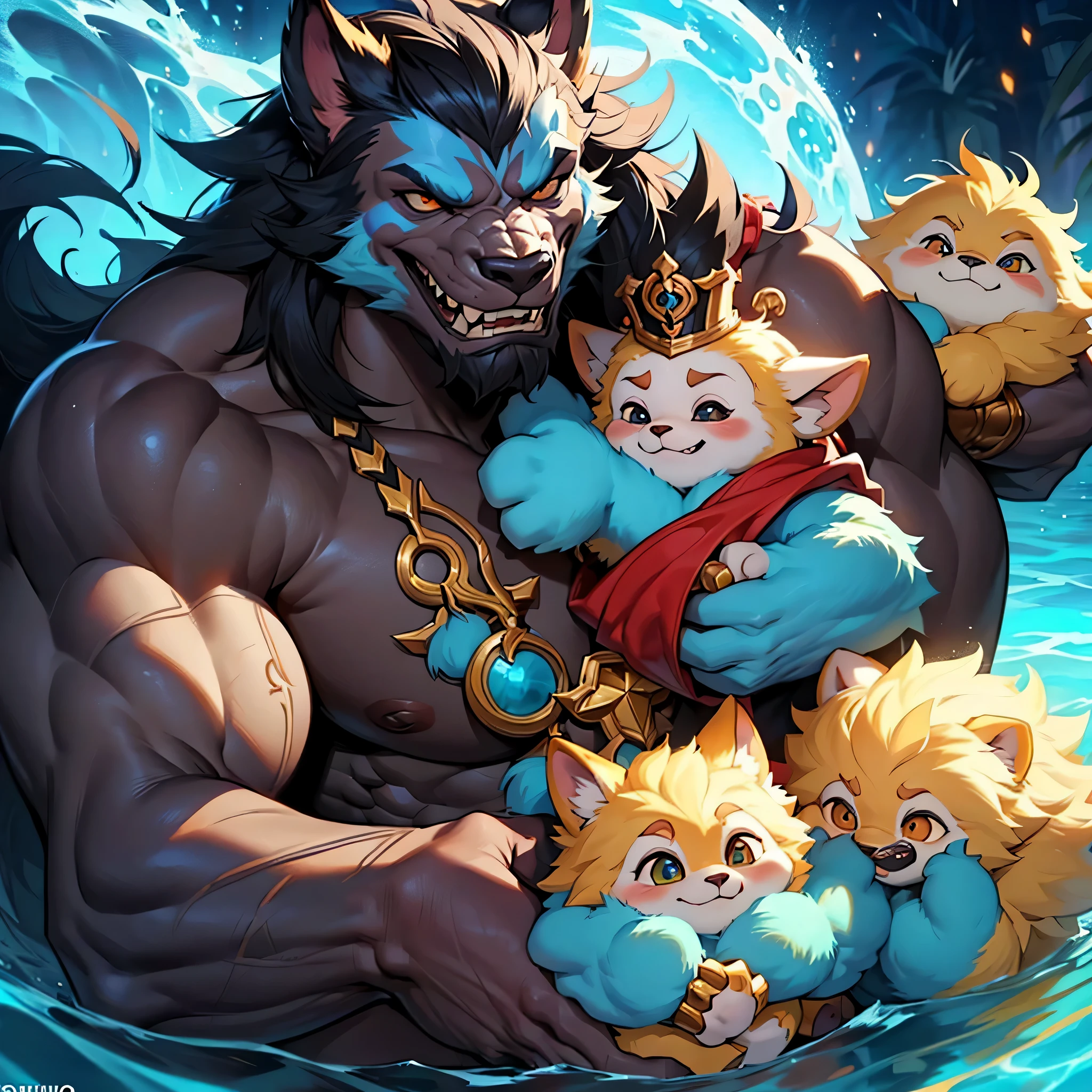 A close up of a cartoon of a man holding a baby and a cat - SeaArt AI