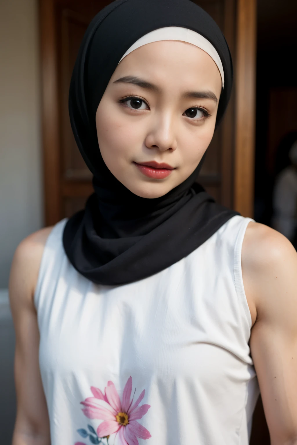 A close up of a woman wearing a white top and a black scarf - SeaArt AI