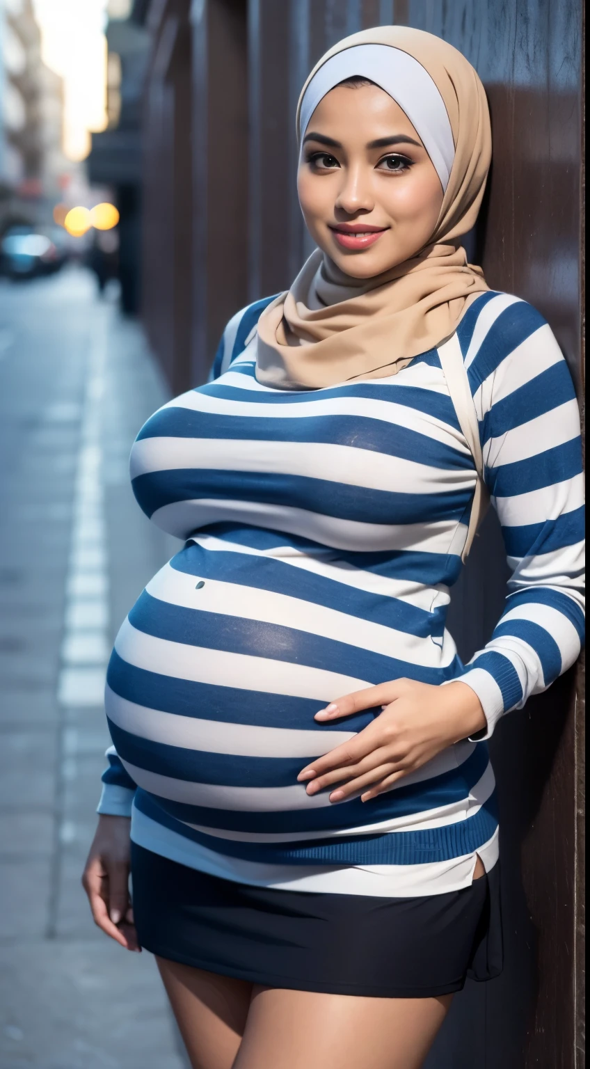 Pregnant Woman In A Blue And White Striped Shirt And Black Skirt