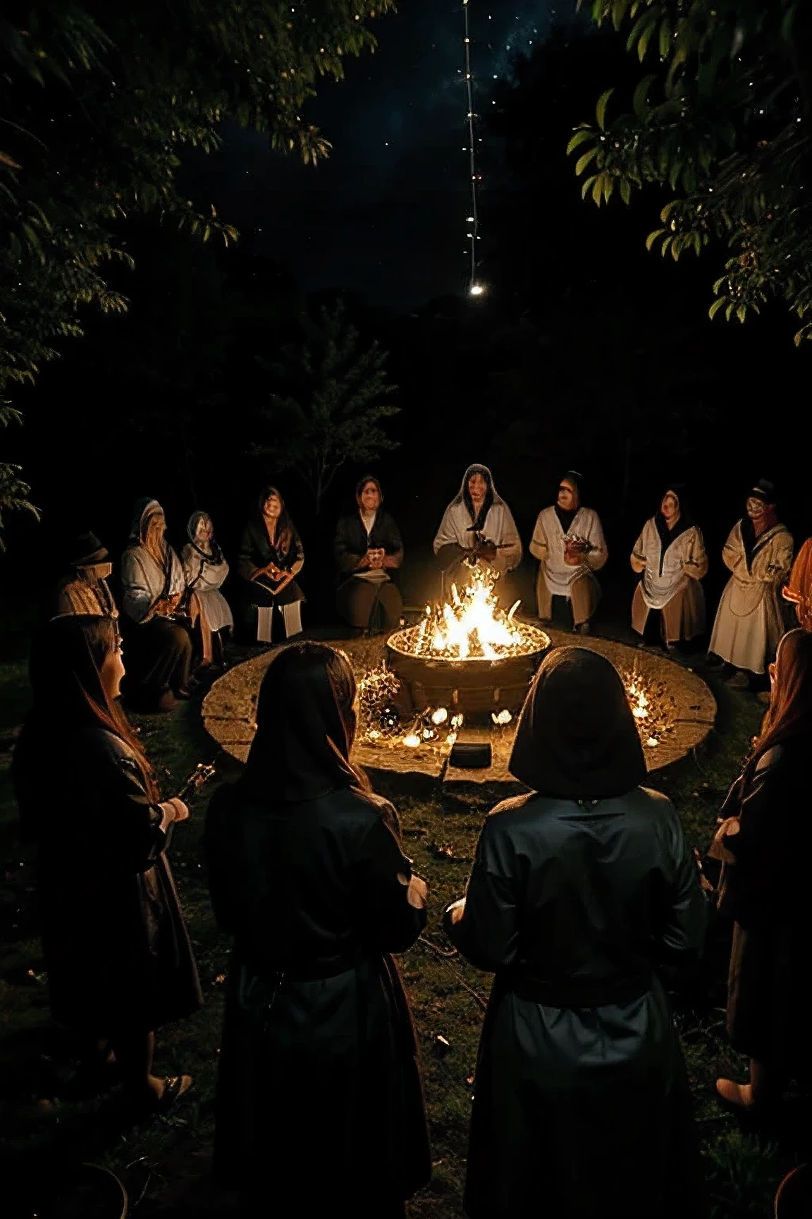 Arafed group of people gathered around a fire in a circle - SeaArt AI