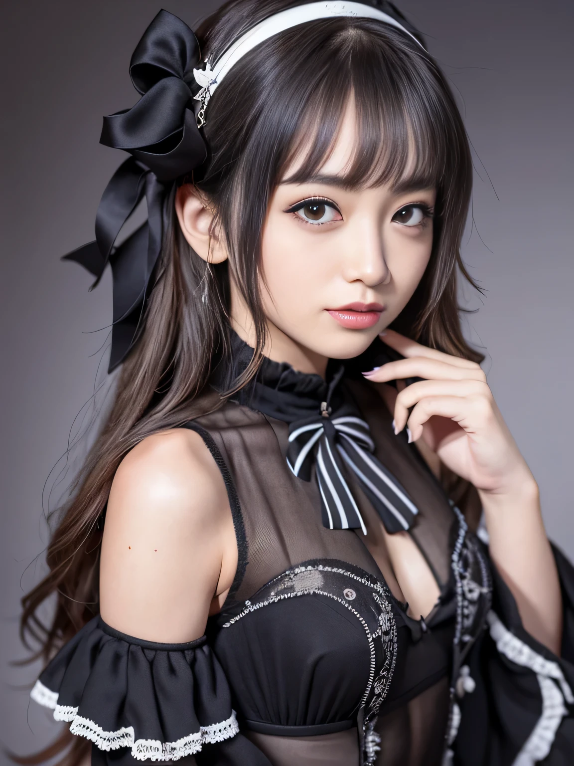 A woman in a black dress with a bow and a black top - SeaArt AI