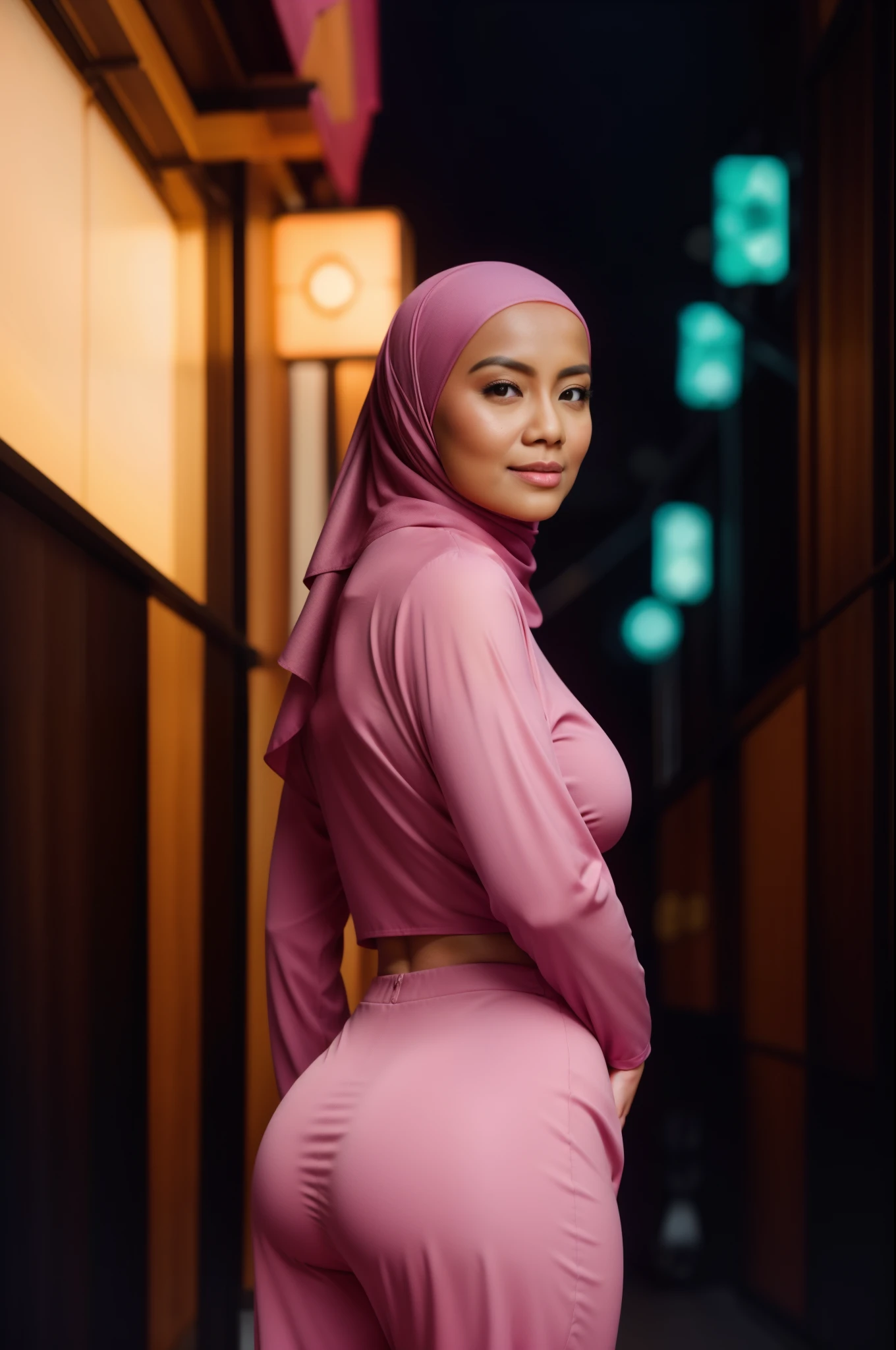 A woman in a pink outfit standing in a alleyway - SeaArt AI