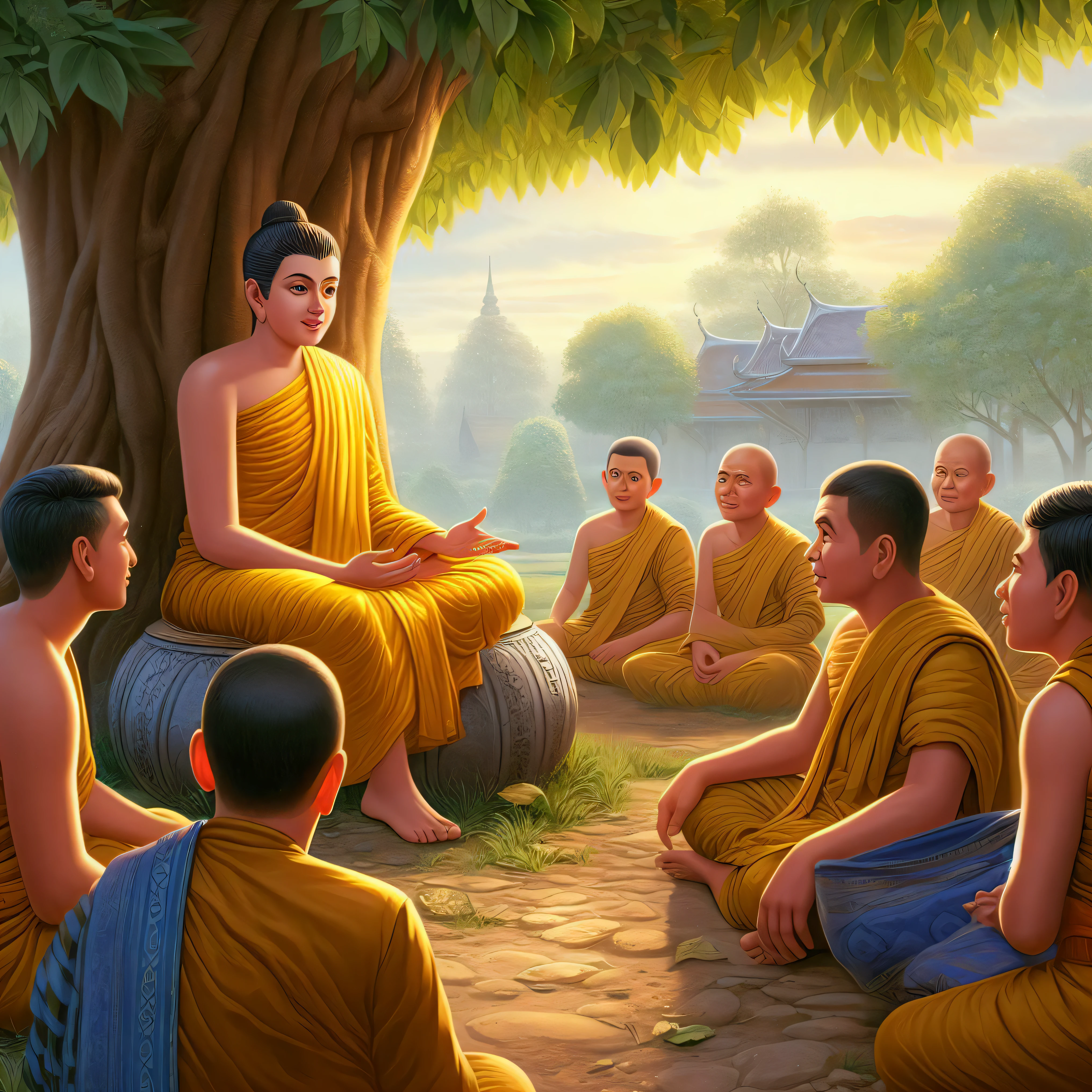 Arafed image of a group of monks sitting under a tree - SeaArt AI
