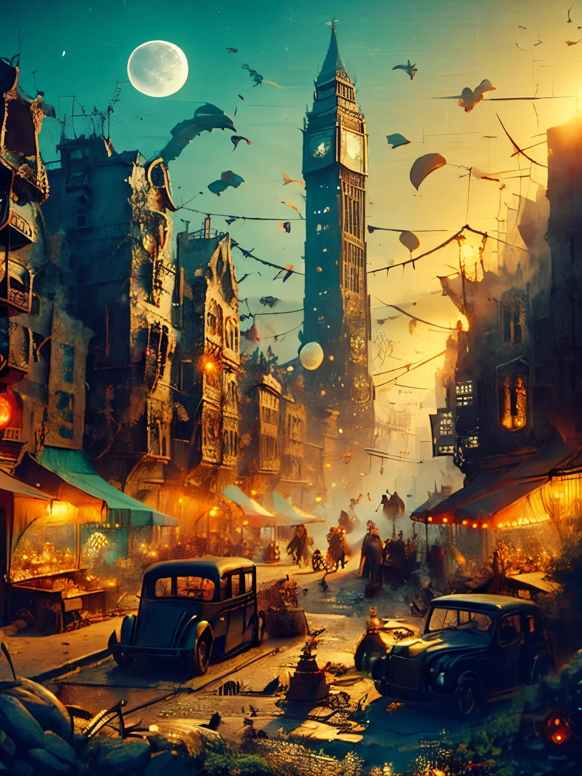 Arafed image of a city street with a clock tower in the background - SeaArt AI