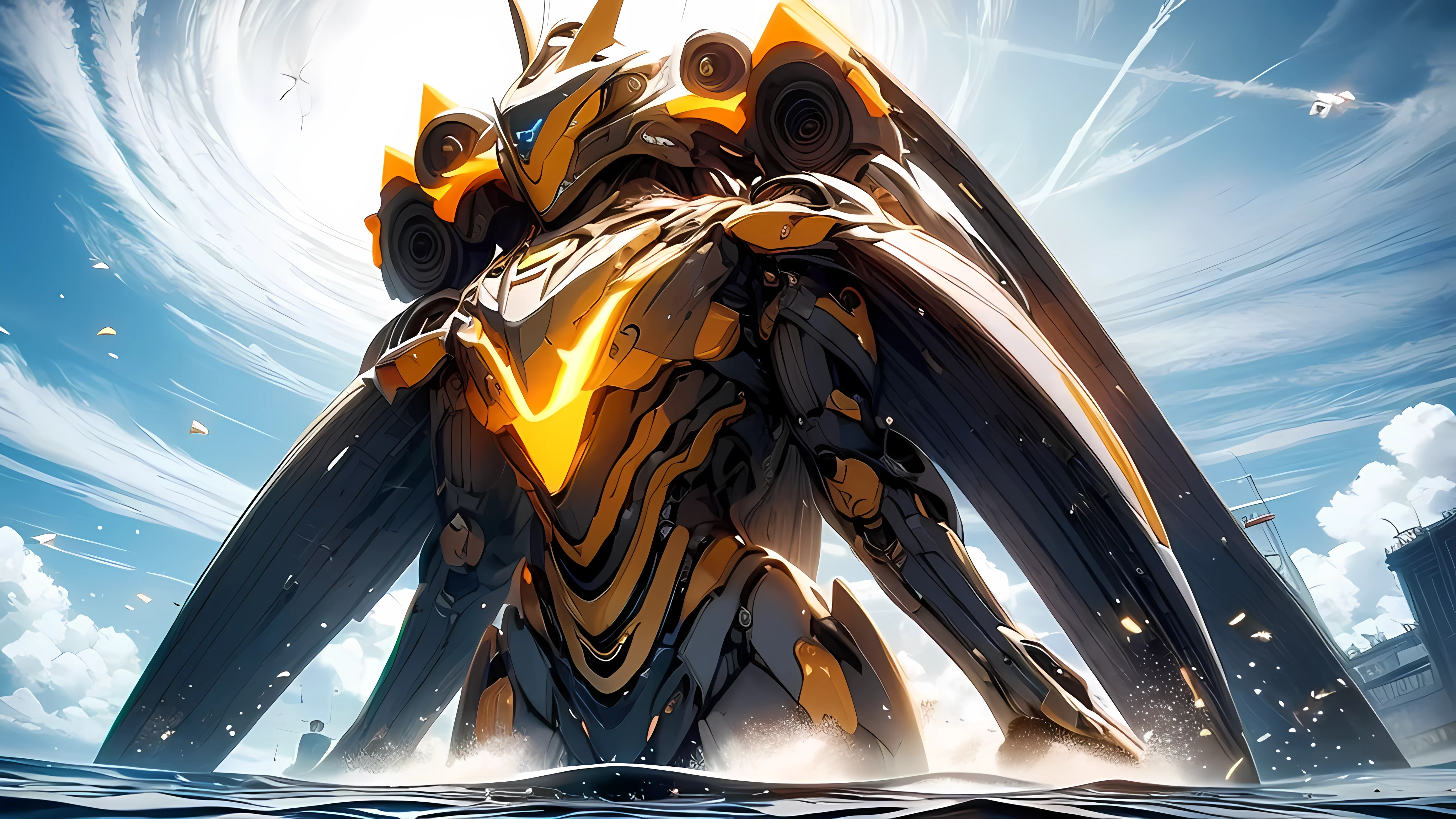 A close up of a robot standing in the water with a sky background ...