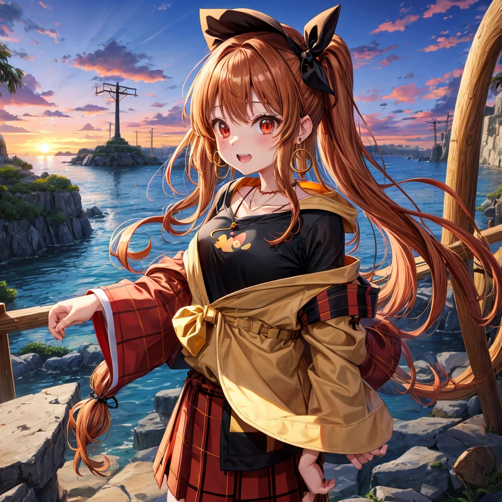 Anime girl with long hair and a brown jacket standing on a bridge ...