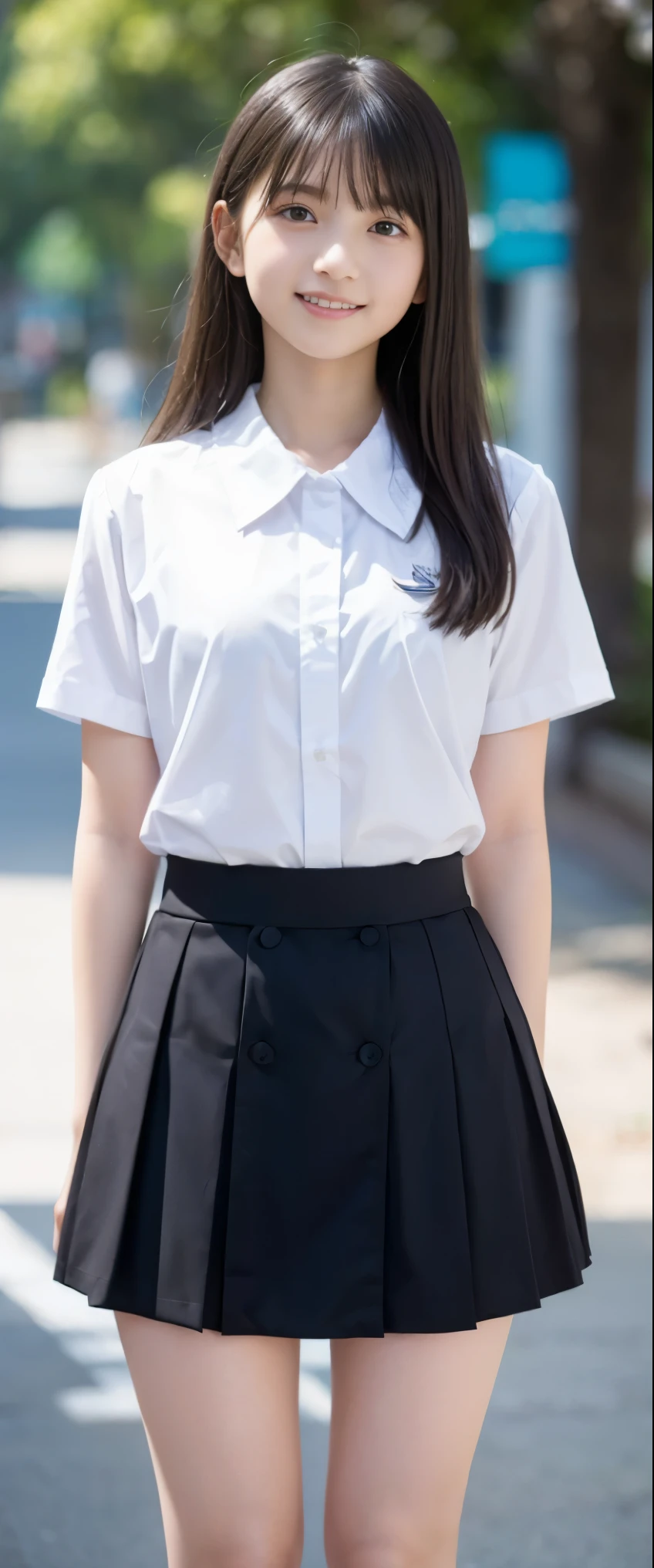 白いシャツと黒いスカートを着た女性が路上に立っている - SeaArt AI