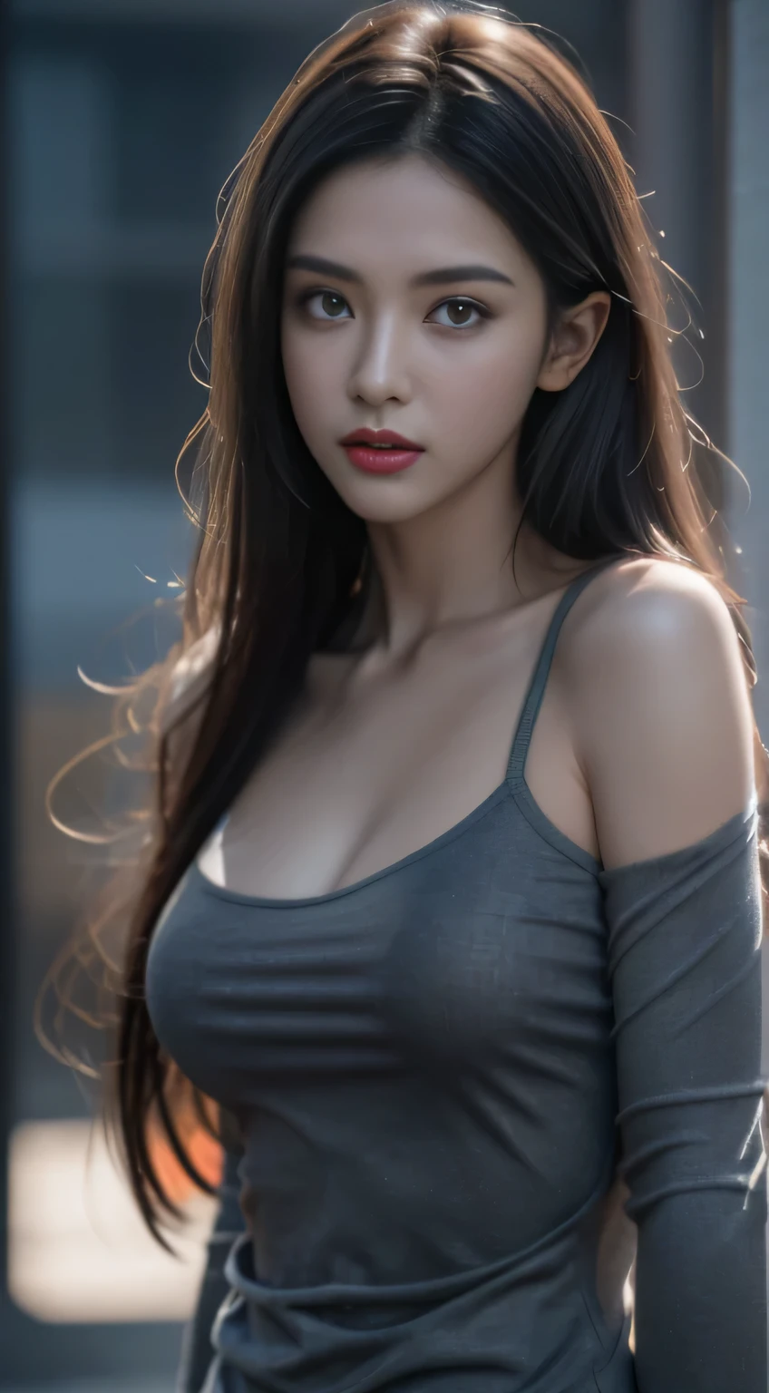 A woman in a gray top posing for a picture - SeaArt AI