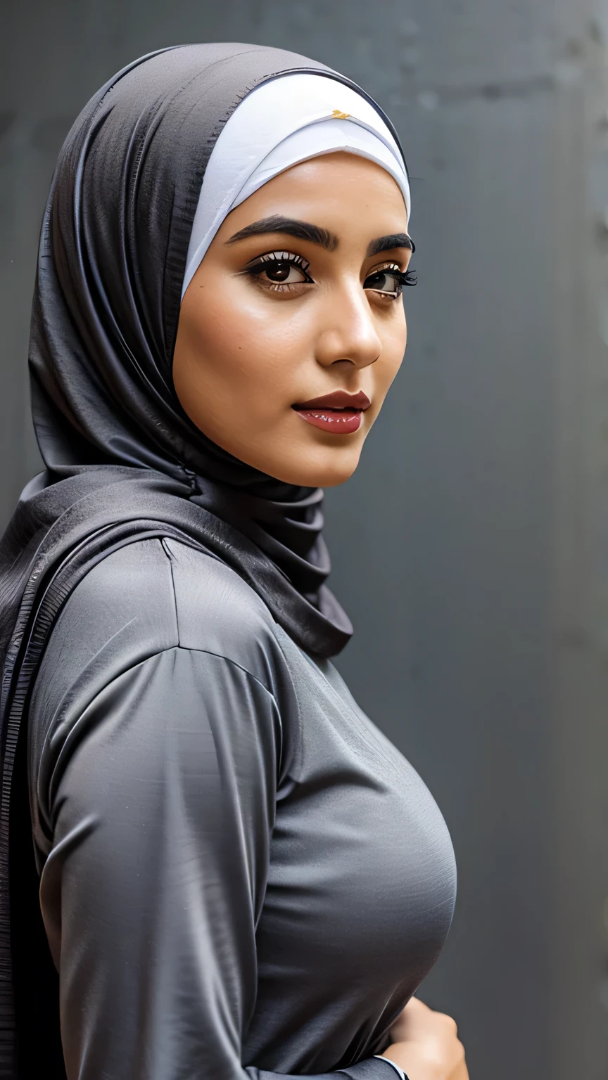 A close up of a woman wearing a gray top and a black scarf - SeaArt AI