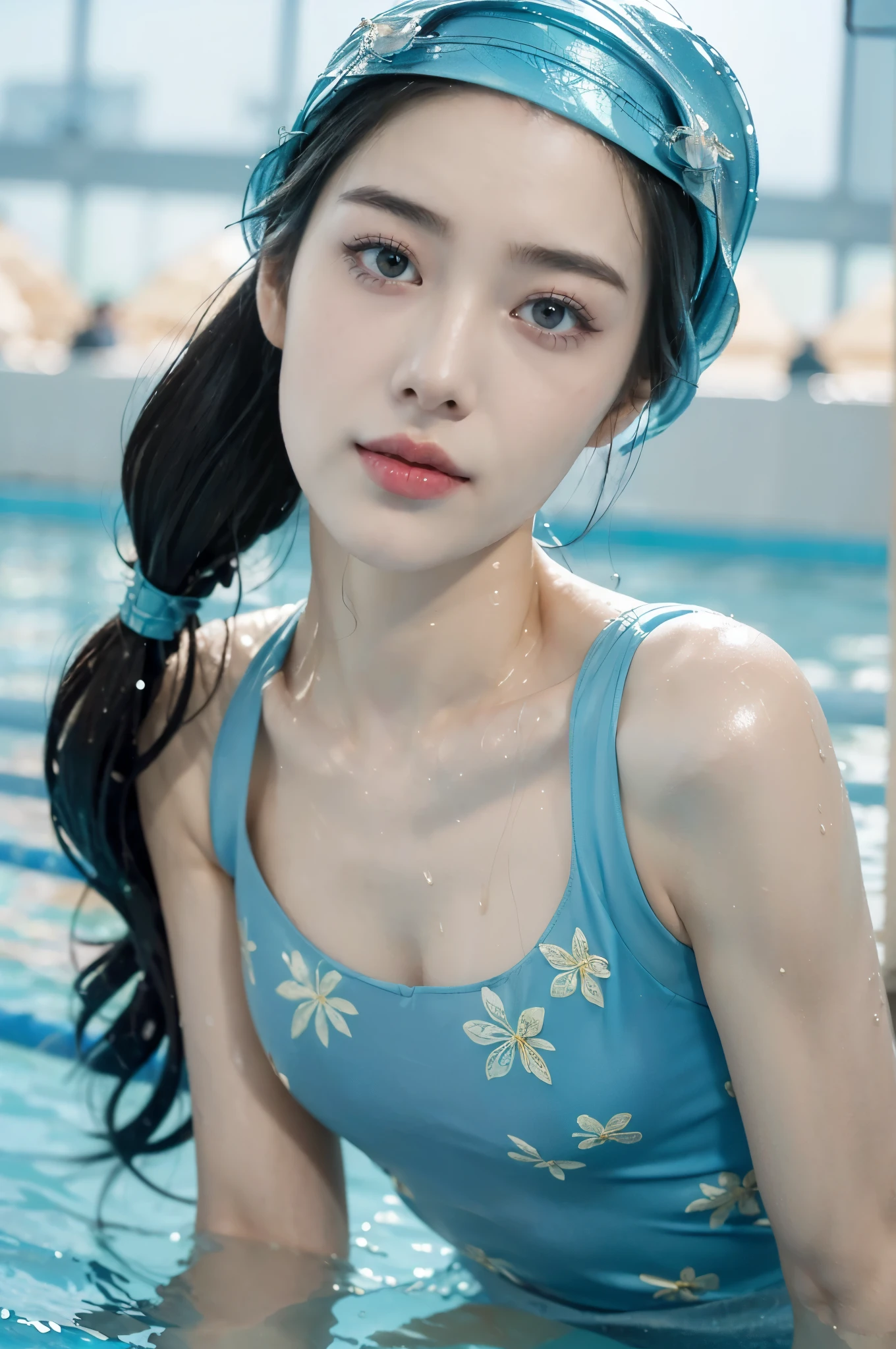 A woman in a blue swim suit is sitting in a pool - SeaArt AI