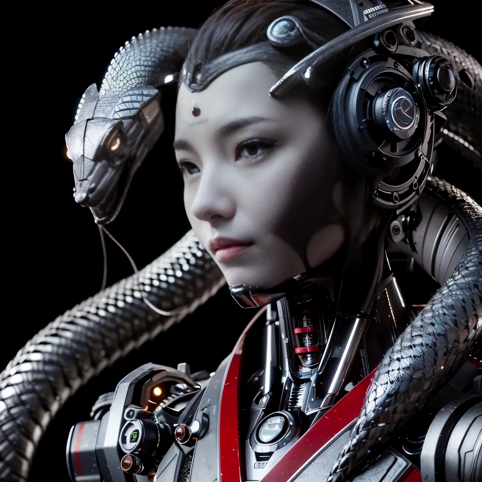 A close up of a woman with a snake head and a snake on her shoulder ...