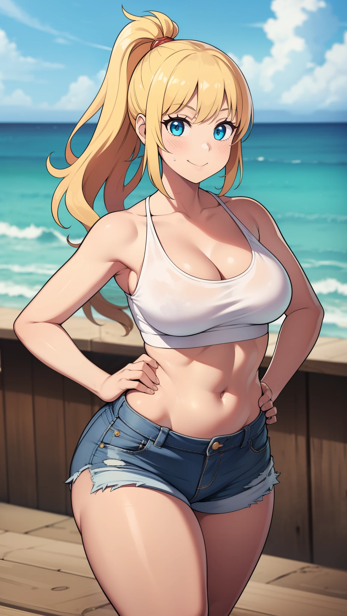A woman in a white tank top and blue shorts standing on a deck - SeaArt AI