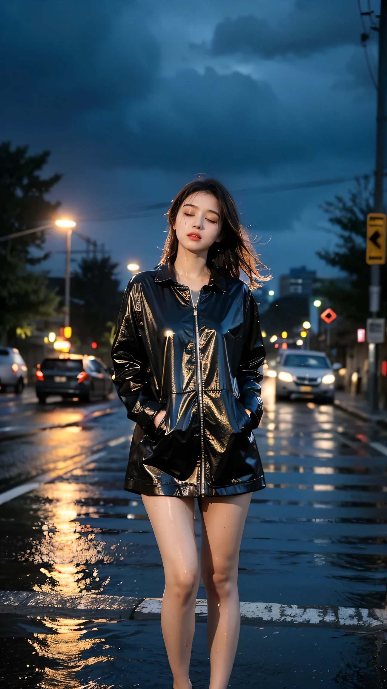 Arafed woman in a black leather jacket and shorts standing on a wet street - SeaArt AI