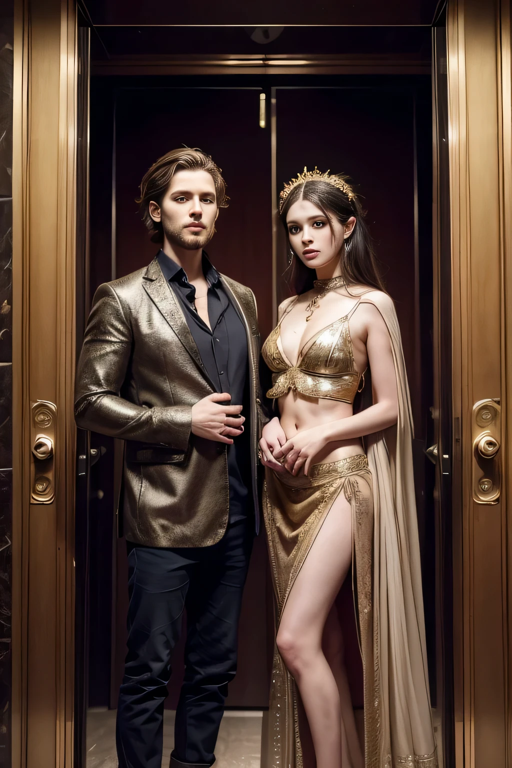 A man and woman in gold outfits standing in front of a door - SeaArt AI
