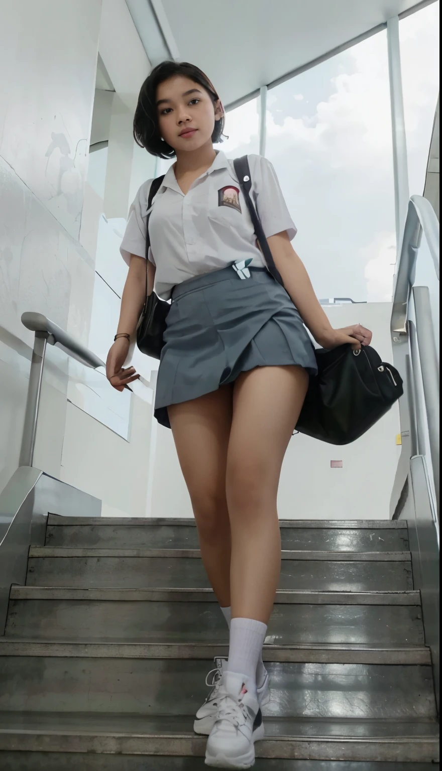 Arafed asian woman in a school uniform walking up a flight of stairs - SeaArt AI