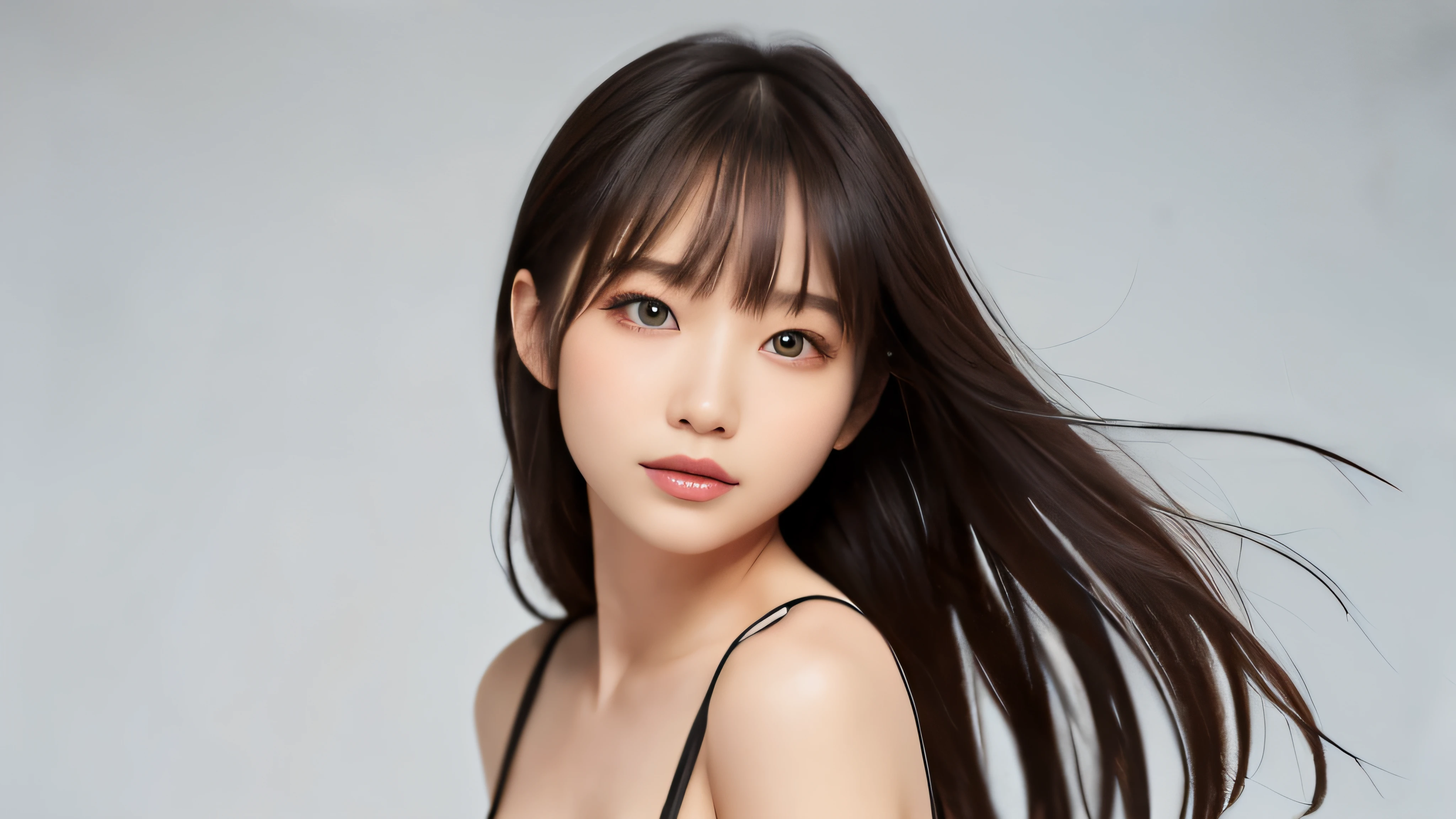 黒いドレスを着て写真を撮る長い髪の女性 Seaart Ai