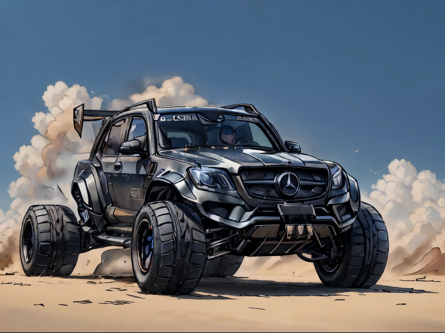 A drawing of a black truck driving through the desert - SeaArt AI
