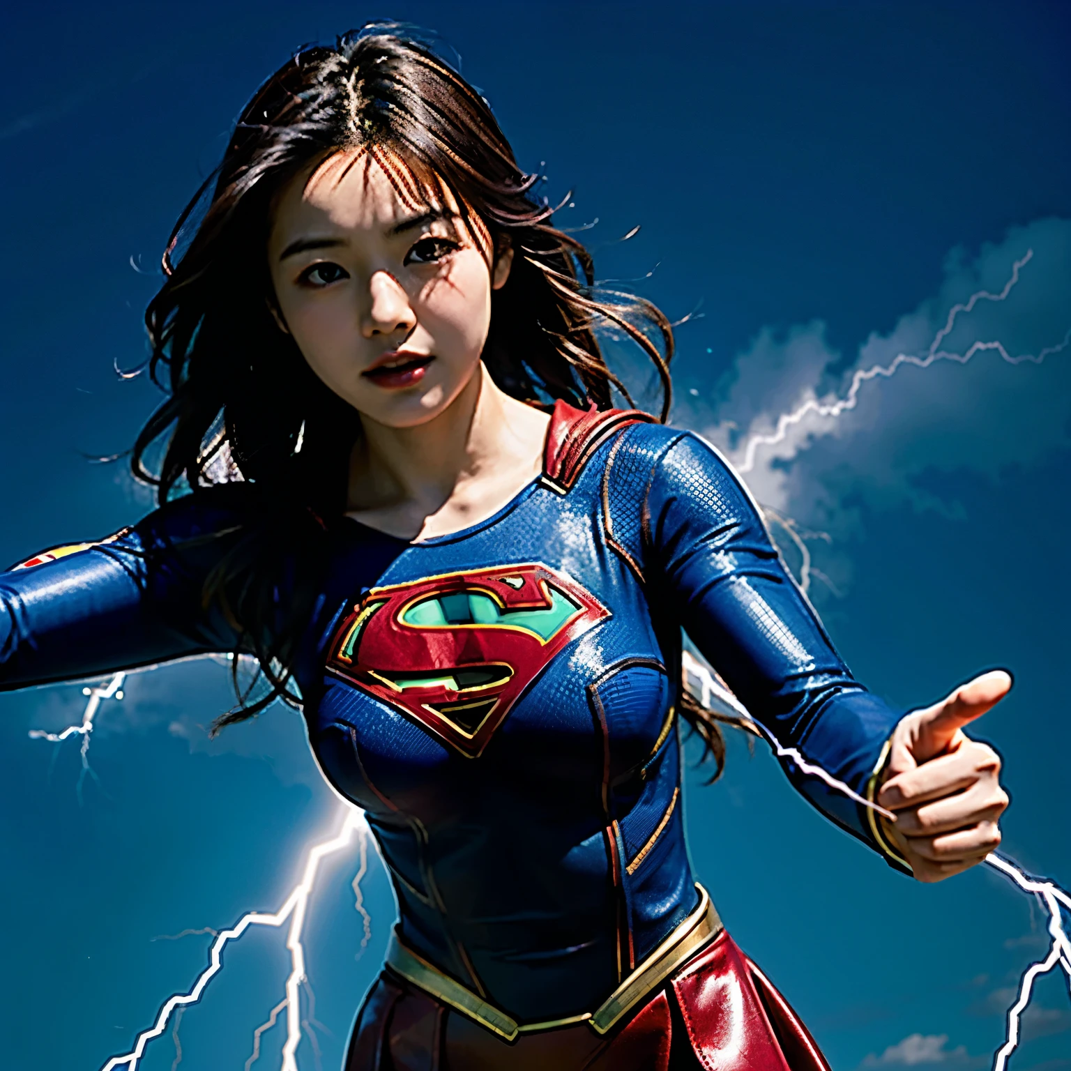 Araffe woman in a superman costume with lightning in the background ...