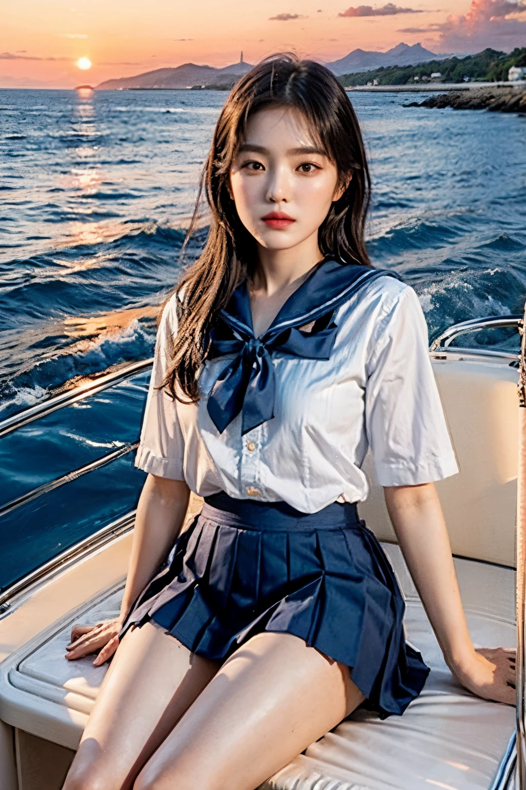 Arafed asian woman in sailor outfit sitting on a boat - SeaArt AI