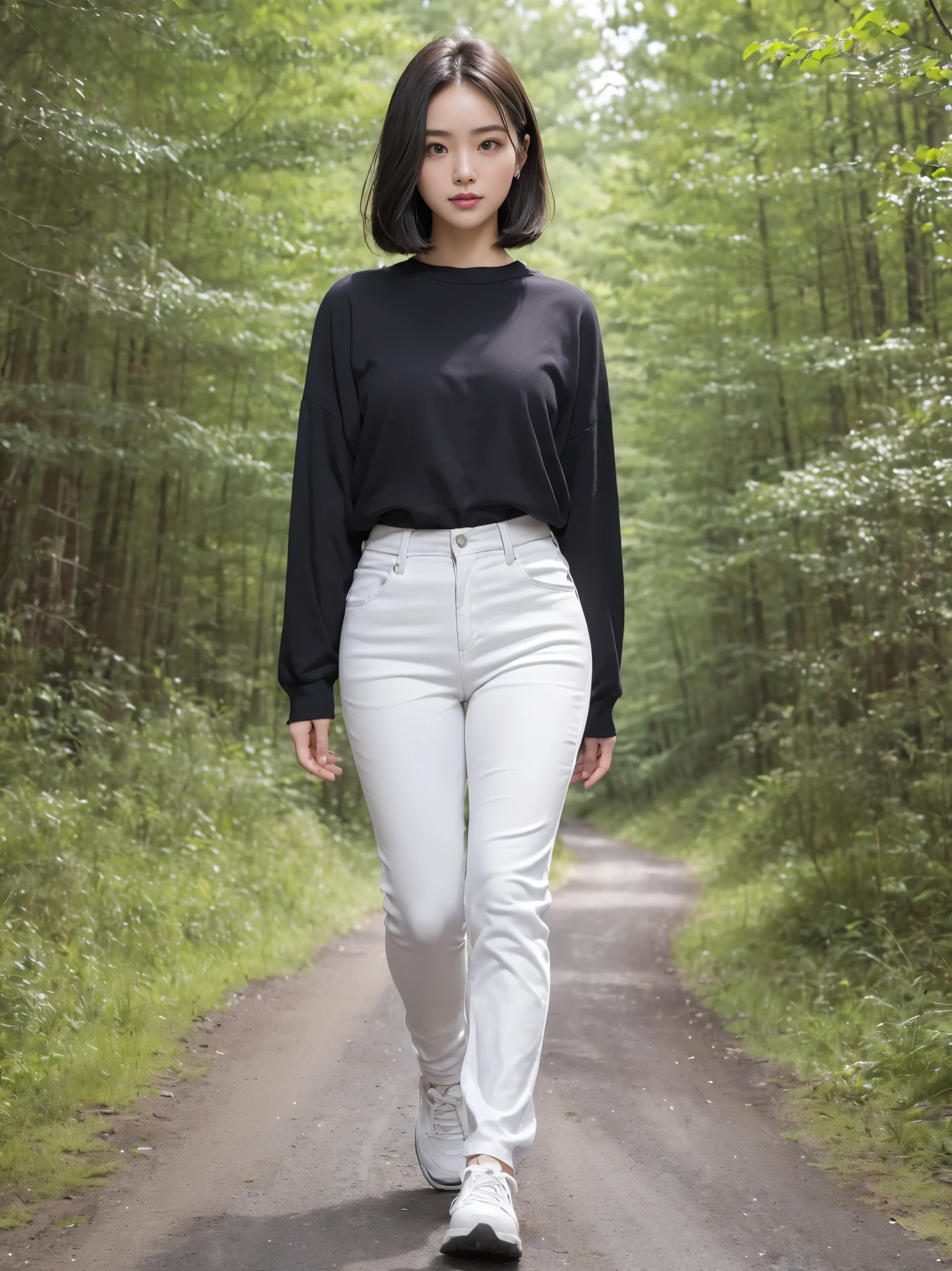 A woman walking down a dirt road in a forest - SeaArt AI