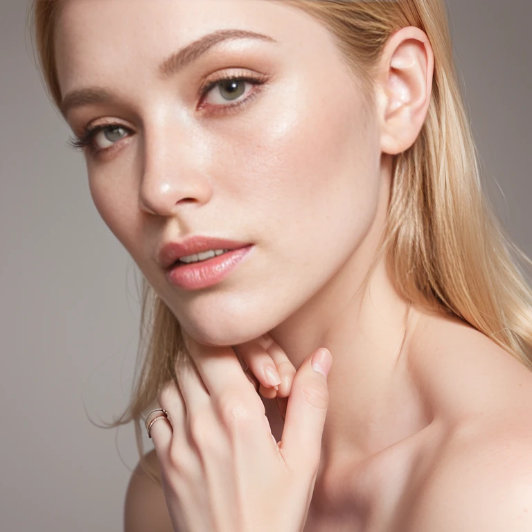 A close up of a woman with a ring on her finger, soft flawless pale ...