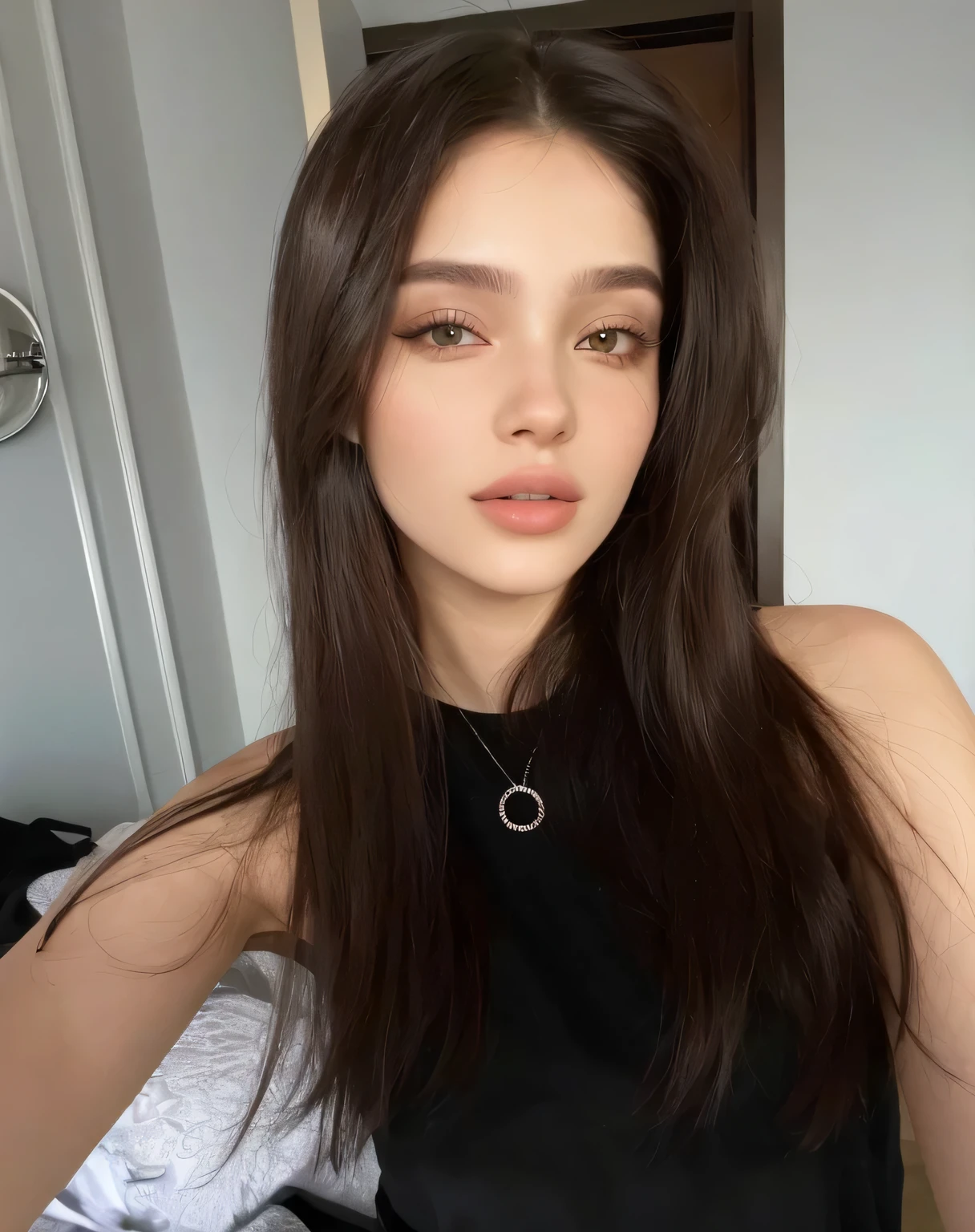 A woman with long brown hair wearing a black top and a necklace - SeaArt AI