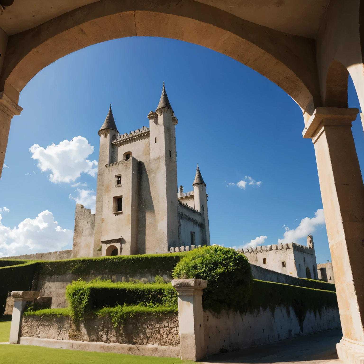 Arafed view of a castle with a clock tower and a green lawn - SeaArt AI